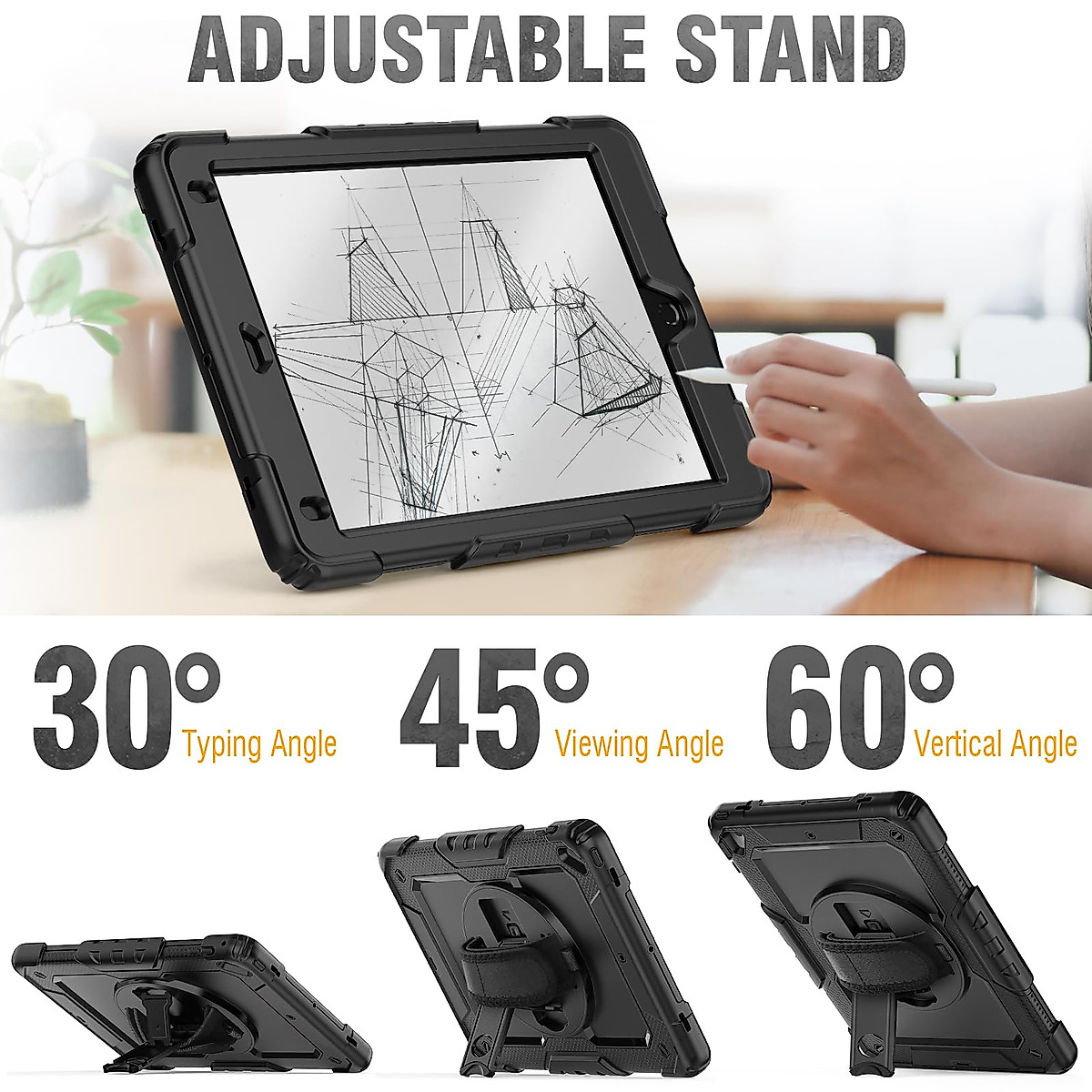 HXCASEAC Case for iPad Pro 9.7, Air 2, 9.7 inch 6th/5th Gen 2018/2017/2016/2014 with Screen Protector/Pencil Holder/ 360 Rotating Hand Strap Stand, Full Body Protective Cover for iPad 9.7 - Black