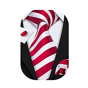Barry.Wang Stripe Men Ties Set Classic WOVEN Necktie with Handkerchief Cufflinks Formal Red and White