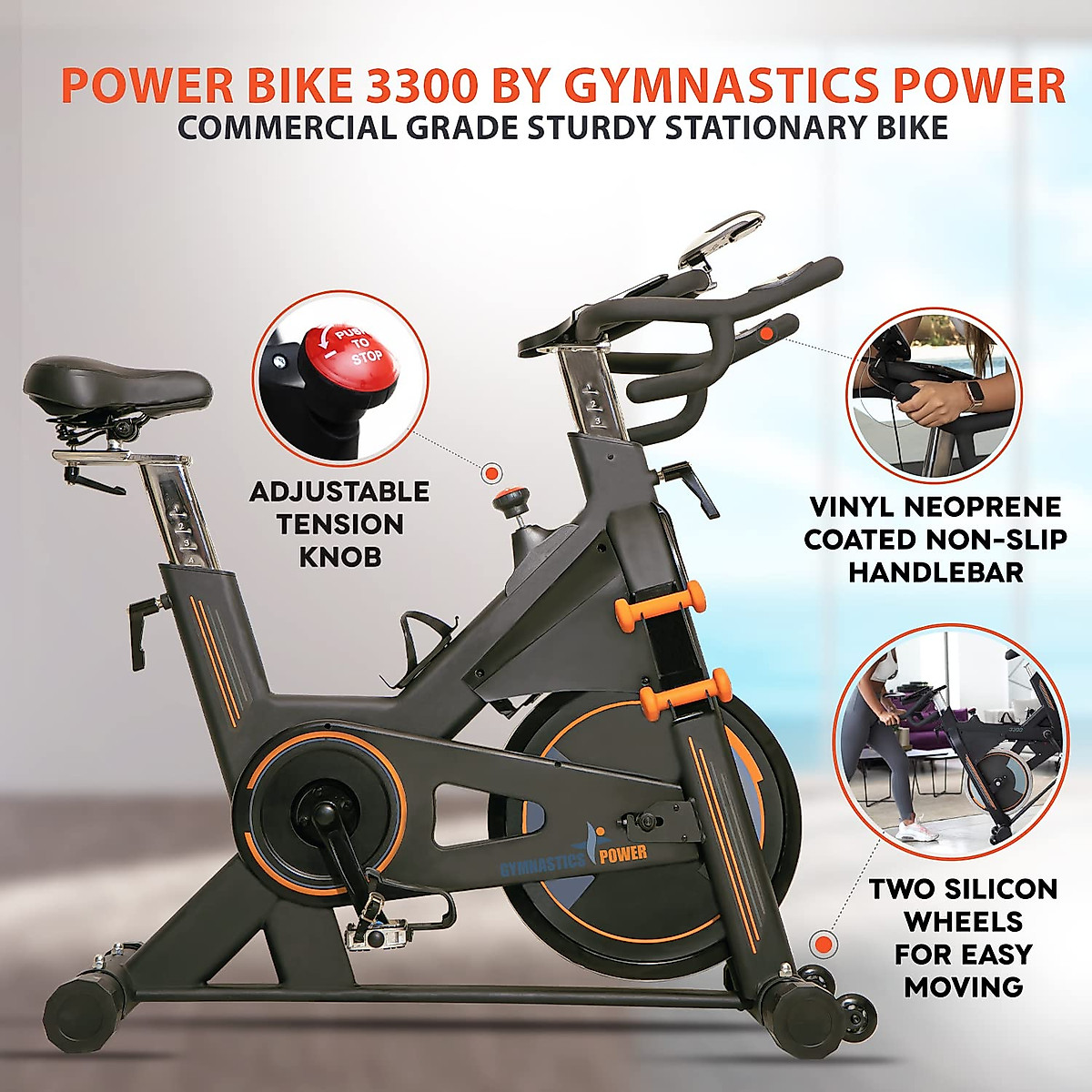 Gymnastics Power Indoor Exercise Bike Heavy-Duty 115 LB Magnetic Resistance, Includes 2X1 lb Dumbbells, Stationary Cycling Bikes for Home Exercise