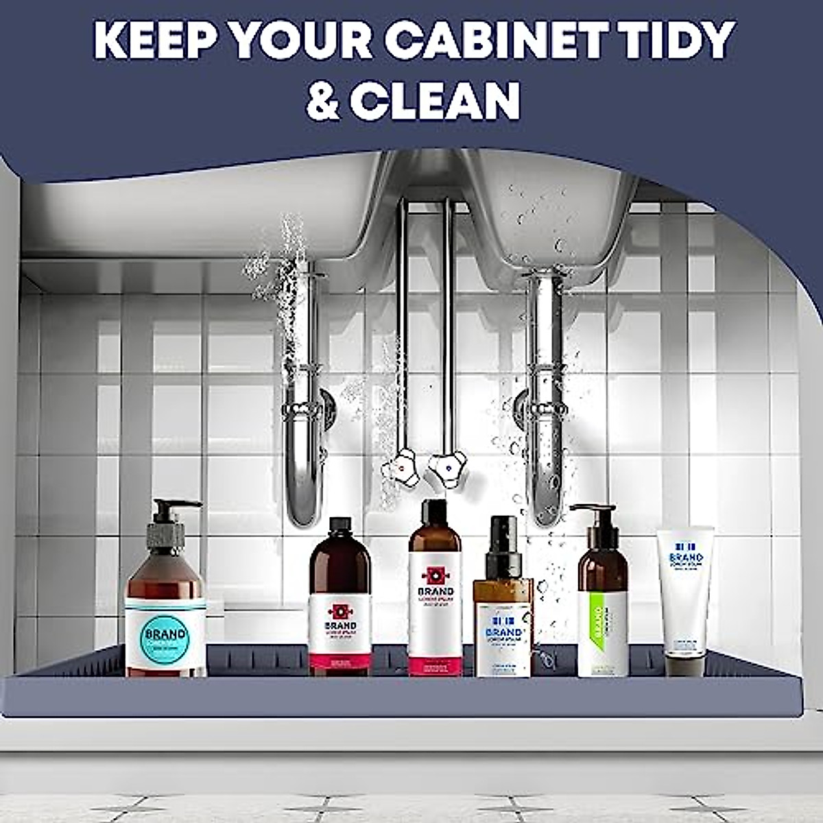 Under Sink Mat, 34" x 22" Sink Cabinet Protector, Waterproof & Flexible Silicone Under Sink Liner Drip Tray with Unique Drain Hole for Kitchen Bathroom, Hold 3.3 Gallons Liquid