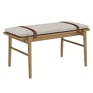 Nathan James Gugan Mid-Century Wooden Bench Seat, End of Bed Bench with Removable Fabric Cushion for Indoor Dining Room, Bedroom and Entryway, Light Brown/Ivory
