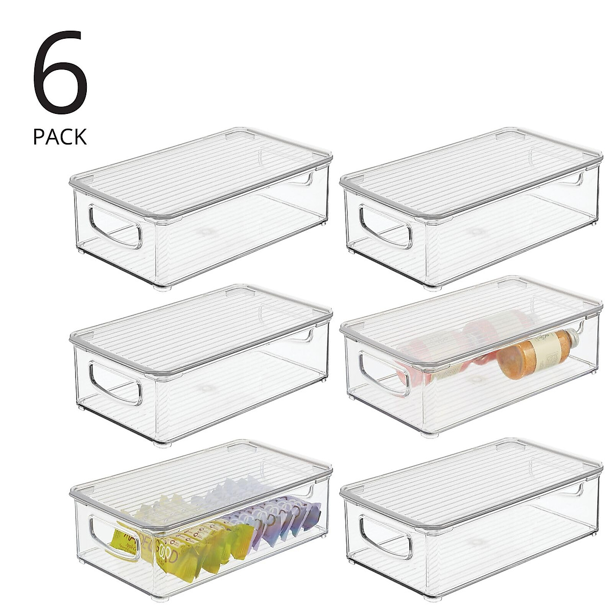mDesign Plastic Pantry Storage Box Container with Lid and Built-In Handles - Organization for Flour, Cereal, Pasta, Rice, or Food in Kitchen Cupboard, Ligne Collection, 6 Pack, Clear/Clear