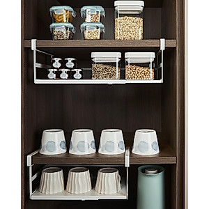 Selosiz Under Shelf Storage Basket Expandable Organizer, 2 Pack Hanging Baskets Under Cabinet Shelf, Add-on Space Saver Pantry Kitchen Cupboard Desk Counter Bookshelf, Heavy-Duty Slide-in White