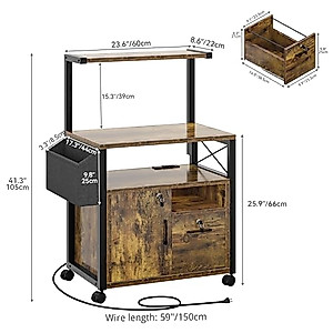 YITAHOME Wood Lateral File Cabinet, Rolling Printer Stand with Storage, Locking Office Printer Table with Socket and USB Charging Port fit A4, Letter Size for Home Office,Brown
