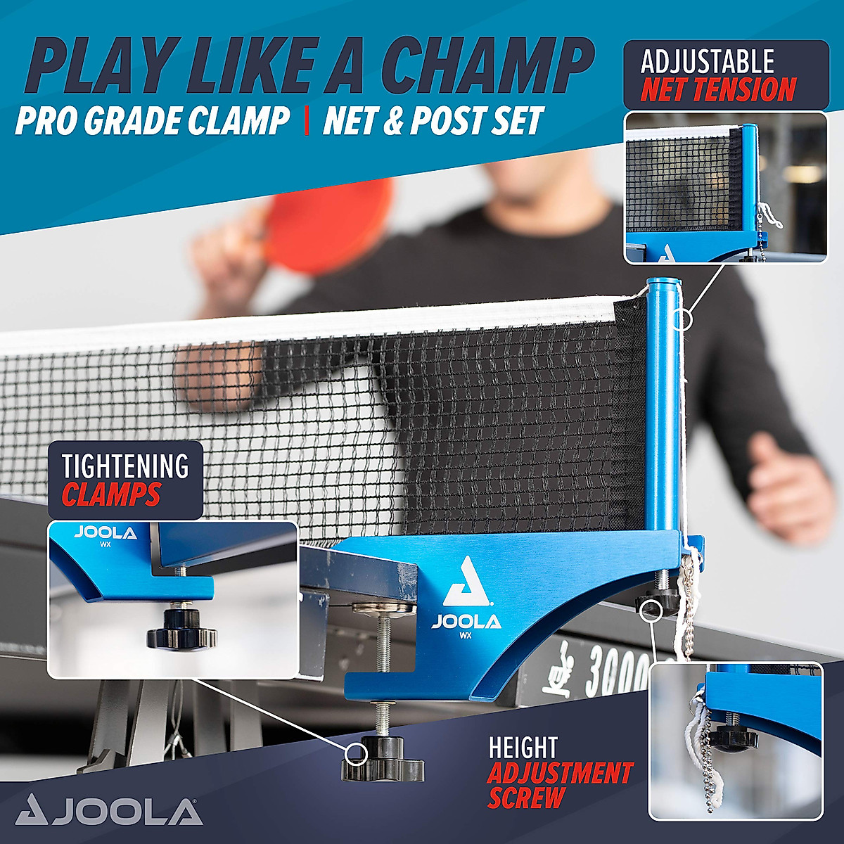 JOOLA Professional Grade WX Aluminum Indoor & Outdoor Table Tennis Net and Post Set - Quick Setup - 72in Regulation Ping Pong Net - Reinforced Cotton Blend Net w/ Adjustable Tensioning System