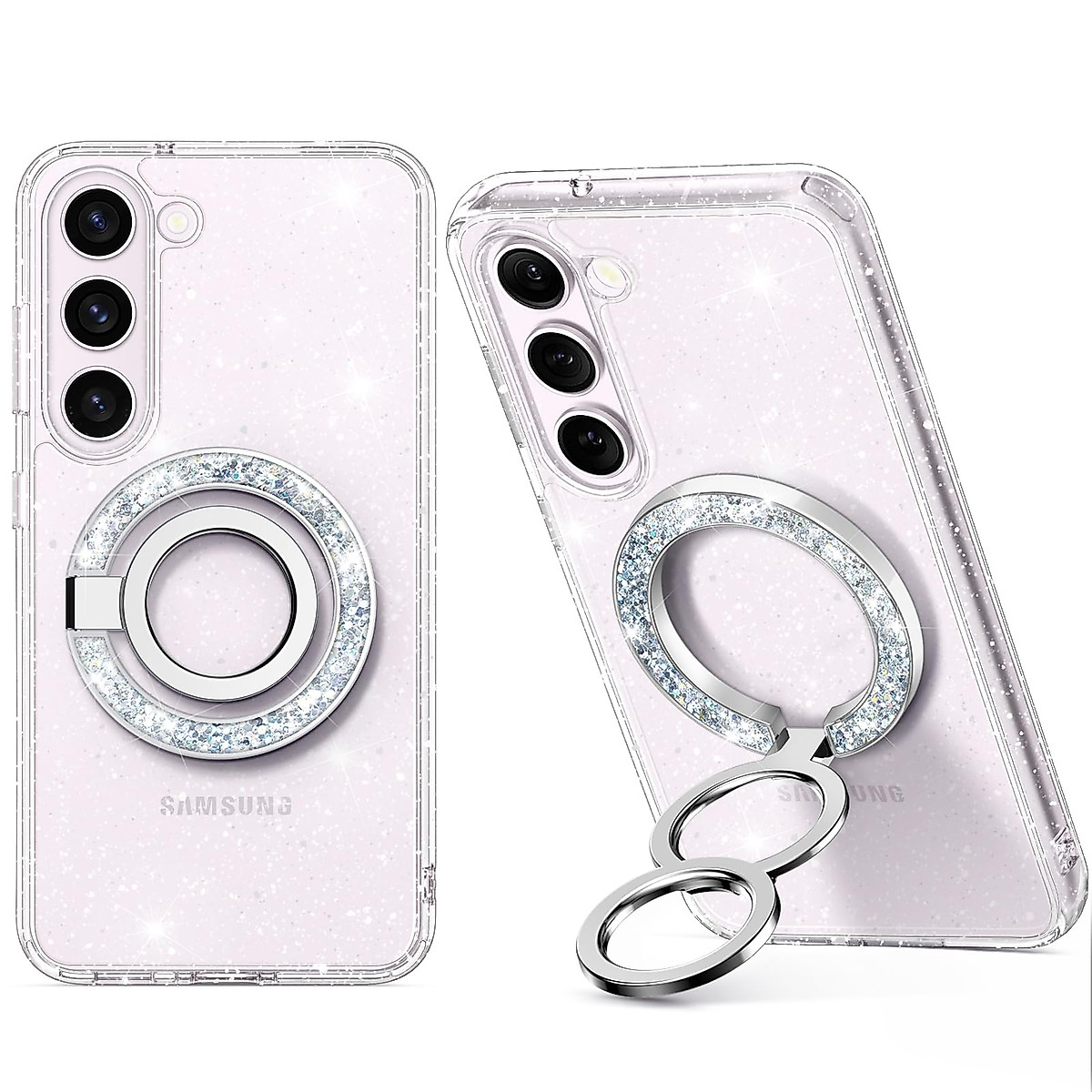 GVIEWIN Bundle - Compatible with Samsung Galaxy S23 Case (Glitter) + Magnetic Phone Ring Holder (Glitter/Silver)
