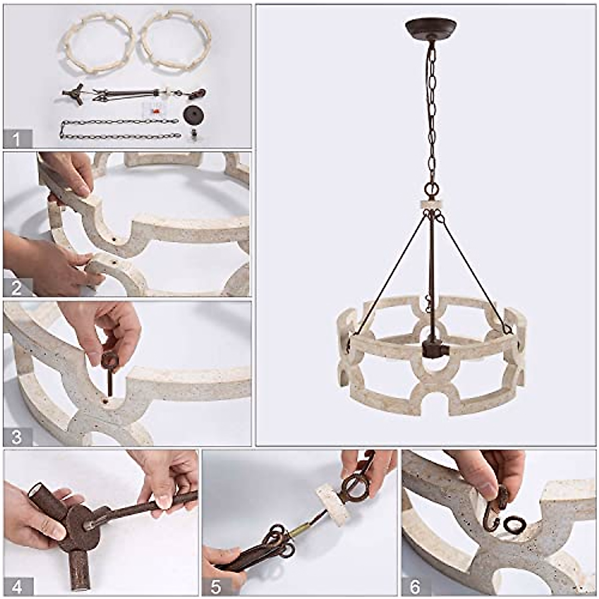 LALUZ Farmhouse Chandelier, Wood Drum Chandelier for Kitchen Island, Foyer, Dining Room, Distressed White, 3-Light, 19.5" Dia