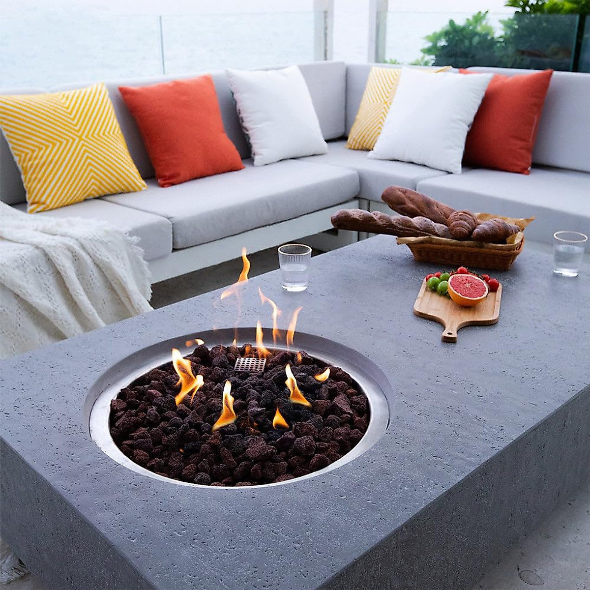 Elementi Modern Concrete Fire Pit, 56" x 32", Gray, Includes Lava Rocks, Natural Gas & Propane Compatible