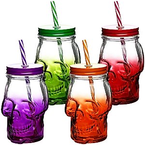 4 Pcs Halloween Skull Mason Jars with Lids 16 Oz Halloween Drinking Glasses with Skull, Skull Mason Jars with Straw, Mason Jar Cup for Halloween Party (Set of 4, Orange, Purple, Red and Green)
