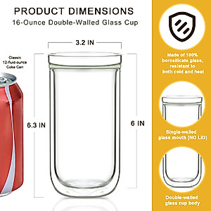 Aquach Double Wall Glass Cup 16oz 2pcs, Clear Insulated Coffee Drinking Glasses, Single Wall Mouth/Double Wall Body