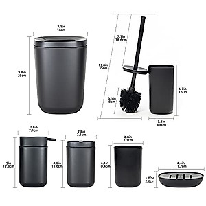 Bathroom Accessories Bath Set of 6 Complete, Toothbrush Holder, Soap Dispenser, Garbage Trash Can, Soap Dish, Toothbrush Cup and Toilet Brush Holder, Black