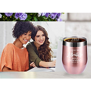 momocici And So The Adventure Begins Wine Tumbler.Graduation,Promotion,Going Away,New Journey,Job Change Gifts for Daughter,Granddaughter,BFF,Best Friends,Women Mug(Rose Gold)