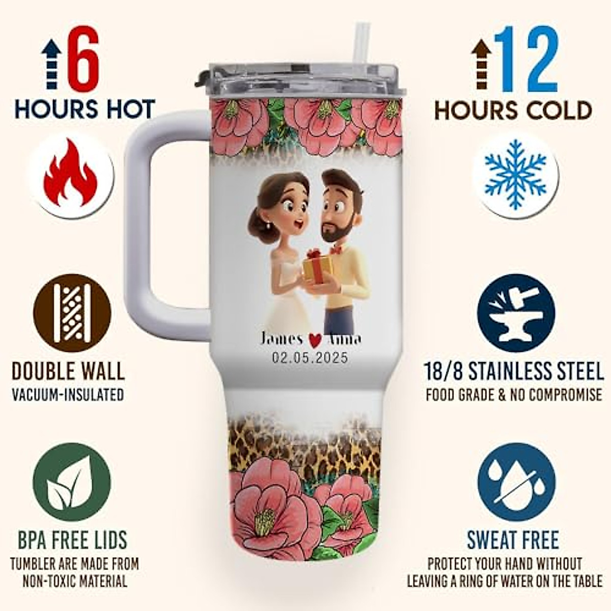 Personalized 40oz Tumbler with Handle – wedding kiss-Custom Couple Gift for Anniversary Wedding Gift, Birthday, Mother's Day, Valentine’s Day fDe0TL