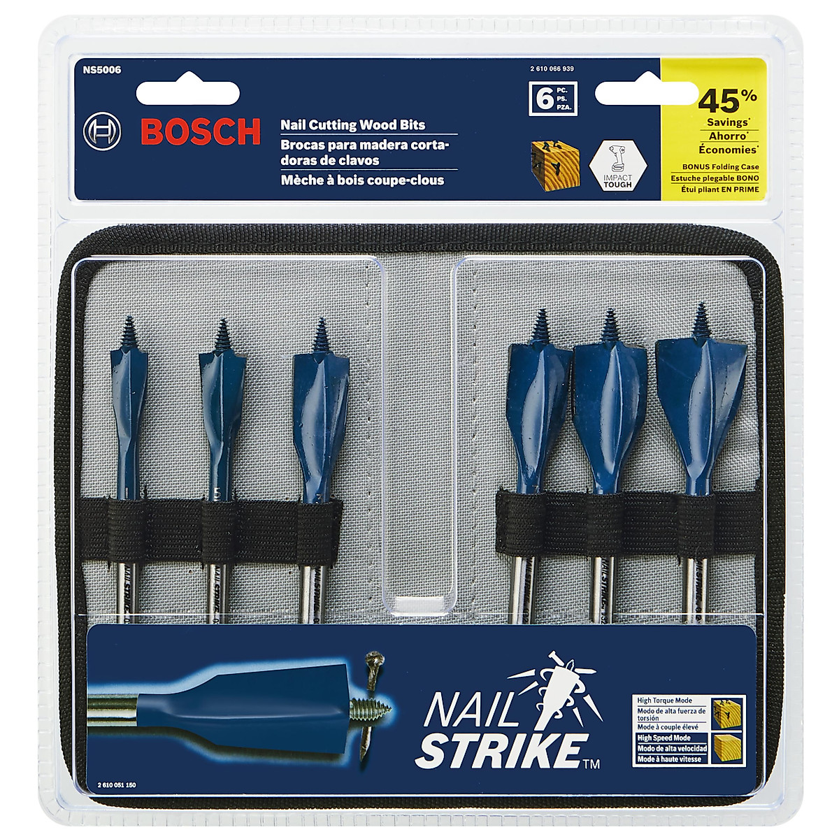 BOSCH NS5006 6-Piece Nail Strike Wood-Boring Spade Bits Assorted Set with Included Pouch Optimized for Wood and Wood with Nails