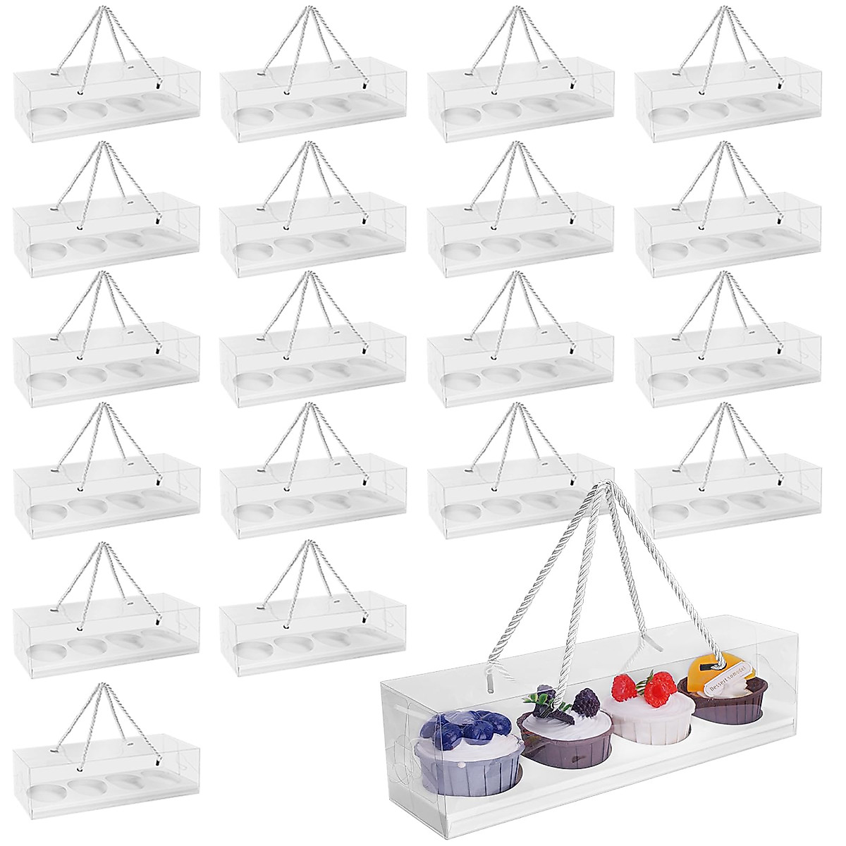 Dceyoril 20pcs Clear Cupcake Boxes with Handle Cupcake Container Transparent Bakery Cake Boxes Plastic Cake Carrier Baked Dessert Box for Wedding Party Favor (A-whtie1)