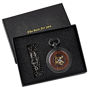 Men's Pocket Watch Mechanical Hand-Wind Steampunk Wood Grain Hollow Classic Design with Chain & Box