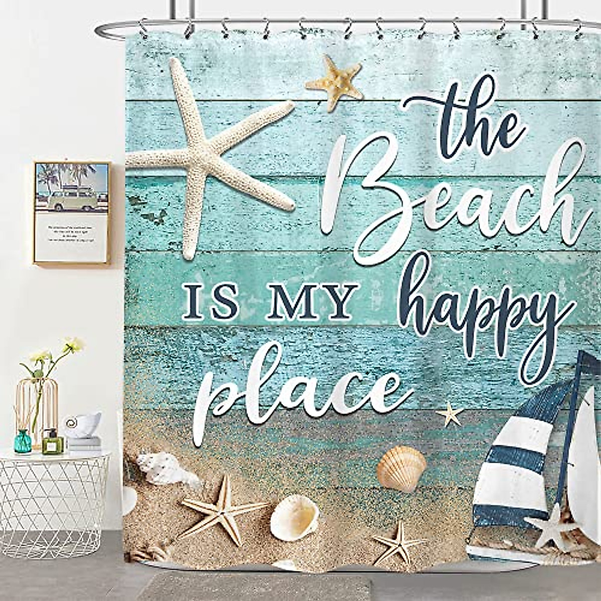 LIGHTINHOME Beach Shower Curtain 60Wx72H Inches Rustic Wooden Plank Positive Inspirational Quote Coastal Ship Starfish Seashell Cloth Fabric Waterproof Polyester Bathroom Home Decor Set with Hooks