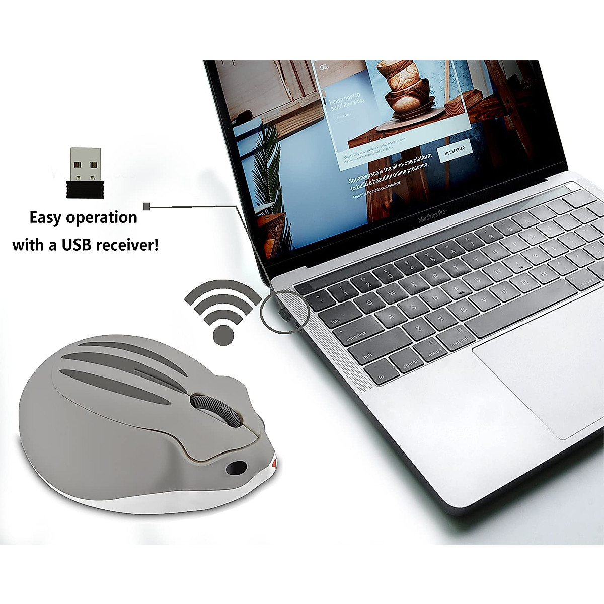 Wireless Mouse Cute Cartoon Hamster Shape Mini Silent Click Ergonomic Design 2.4G USB Portable Cordless Mouse 1200 DPI Small Mice for Notebook/MacBook/PC/Laptop/Computer for Kids Girl Gift (Grey)