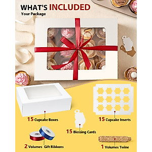 katbite Cupcake Boxes, 15-Set Cupcake Containers 12 Count, Food Grade Kraft Thick Cupcake Carrier Boxes with 2 Color Gift Ribbons, Twine, Cards and Inserts to Hold Cupcakes, Pastries and Cookies