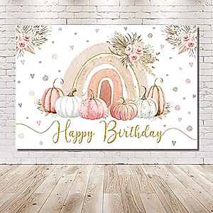 MEHOFOND Autumn Boho Little Pumpkin Backdrop Girl Happy Birthday Party Banner Decorations Thanksgiving Bohemia Rainbow Blush Pink Floral Photography Background 1st Bday Cake Smash Table Supplies 7x5ft