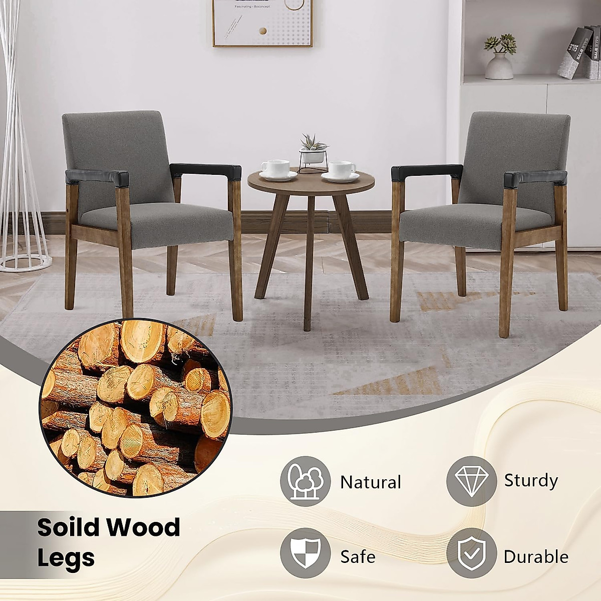 Kmax Modern Dining Chairs Set of 4 Linen Fabric Kitchen Arm Chairs Upholstered Accent Chairs with Wooden Legs for Dining Room, Living Room, Bedroom, Grey