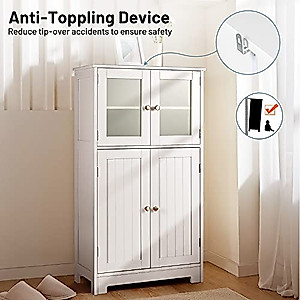 Tangkula Bathroom Floor Cabinet, Freestanding Storage Cabinet w/Glass Doors, Wooden Kitchen Cupboard w/Adjustable Shelf, Bathroom Storage Cabinet for Hallway Living Room Office (Cabinets, White)