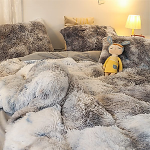 chovy Faux Fur Tie-Dyed Black White Gray Colorful Comforter Cover Duvet Cover Queen - 3PC Bed Set Ultra Soft Plush Flannel Velvet Fluffy Fuzzy Bedding（Duvet Cover x 1 Pillowcases x 2）