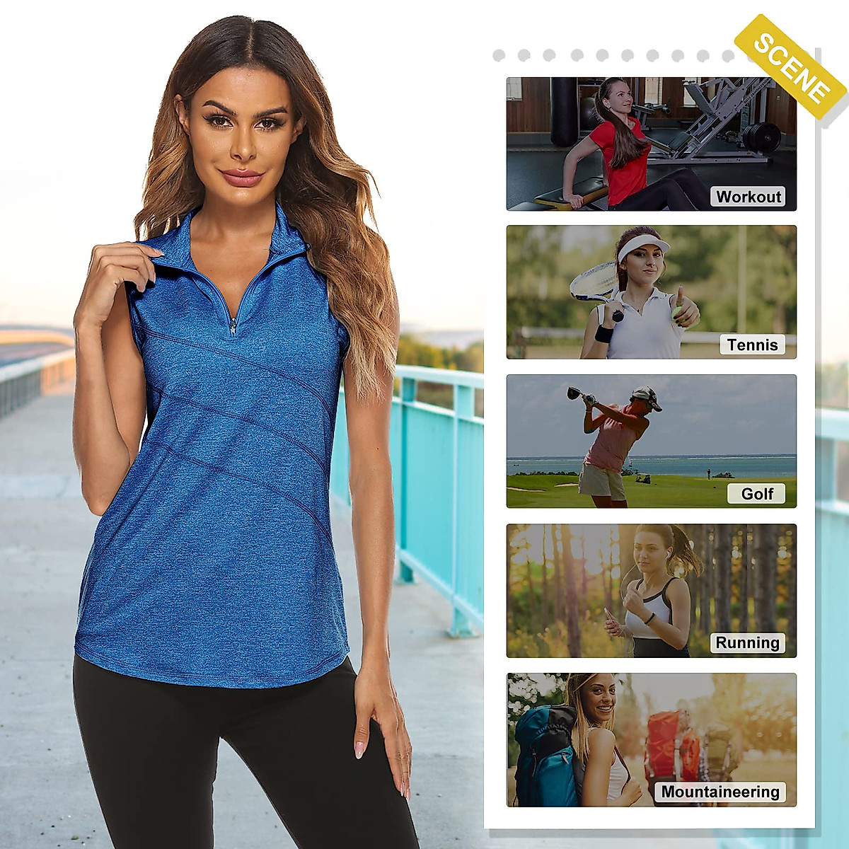 Koscacy Women's Petite Sleeveless Golf Tennis Polo Shirts Zip Up Dry Fit Workout Tank Tops Deep Blue X-Small