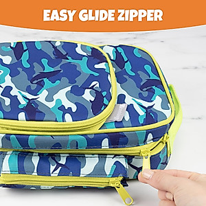 Insulated Lunch Box w Snack Pocket & Water Bottle Holder-Boys or Kids Blue Camo School Lunchbox Tote Keeps Food Hotter or Colder Longer- Reusable Bag Fits Most Bento Boxes, Ice Packs-Back to School