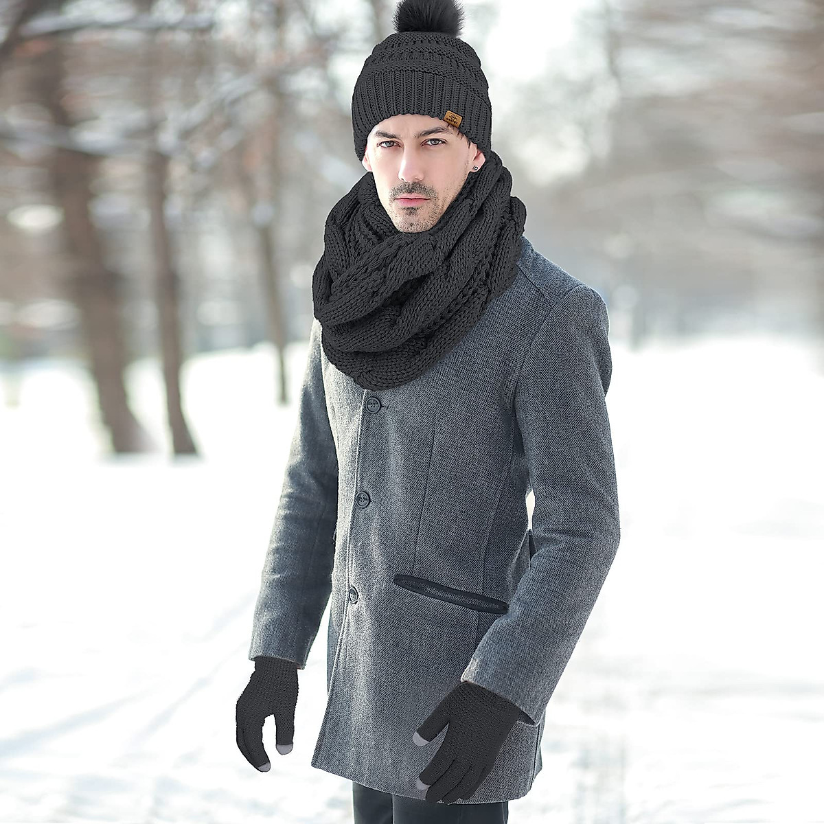 URATOT Winter Warm Knitted Sets Beanie Pompom Hat Scarves Winter Touchscreen Gloves Scarf Set for Men Women
