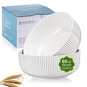 KMIGRUAN 60oz Salad Bowl Set,2 Pack Serving Bowls for Entertaining,8inch Large White Ceramic Bowl for Side Dishes,Soup, Pho, Cereal, Pasta, Fruit, Microwave and Dishwasher Safe