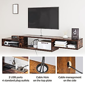DOUBUY Floating TV Stand Wall Mounted with Power Outlet 70", Floating Entertainment Center, Wood Media Console Shelf for Under TV Storage for Living Room Bedroom Office