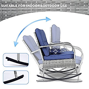 IBITION 3-Piece Outdoor Rocking Chairs Set of 2， Wicker Patio Furniture Modern Rattan Chair Conversation with Cushions & Glass Table for Garden,Backyard, Bistro(Navy Blue)