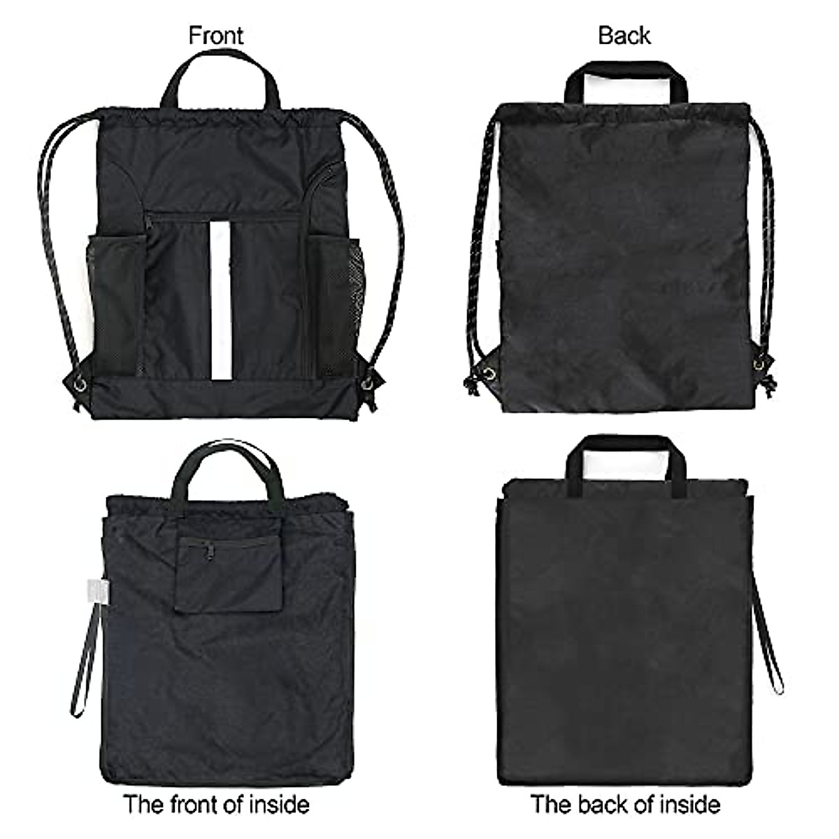 BeeGreen Drawstring Backpack Bag Sports Gym Backpack with Shoe Compartment and Two Water Bottle Holder for Men Women Large String Backpack Athletic Sackpack Workbag Black