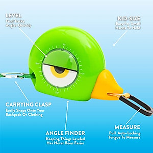 Handy Famm 8Ft Animal-Shaped Kids Tape Measure, Level & Protractor Angle Finder, Fun Educational Children's Tape Measure, Small Measuring Tape for Learning Early Math Skills, Ages 6+, Green Bird