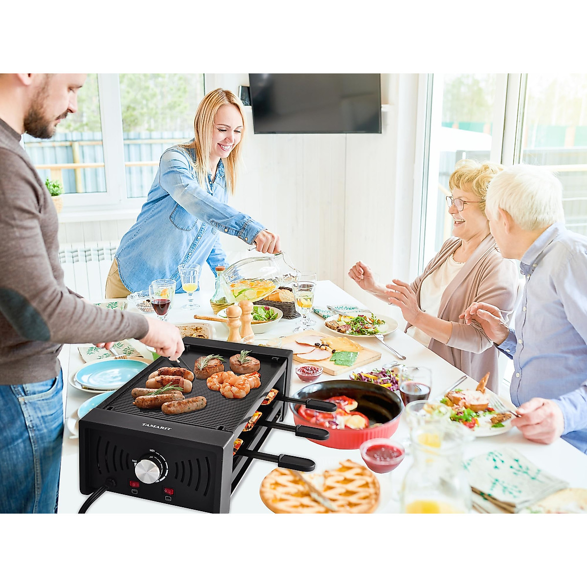 TAMARIT Raclette Party Grill Portable Indoor Electric Korean BBQ Grill 2 in 1 Raclette Table Grill with Ceramic Nonstick Coating Grill Plate 4 Pizza Pans 8 Cheese Trays Upper & Lower Heater, PFAS-Free