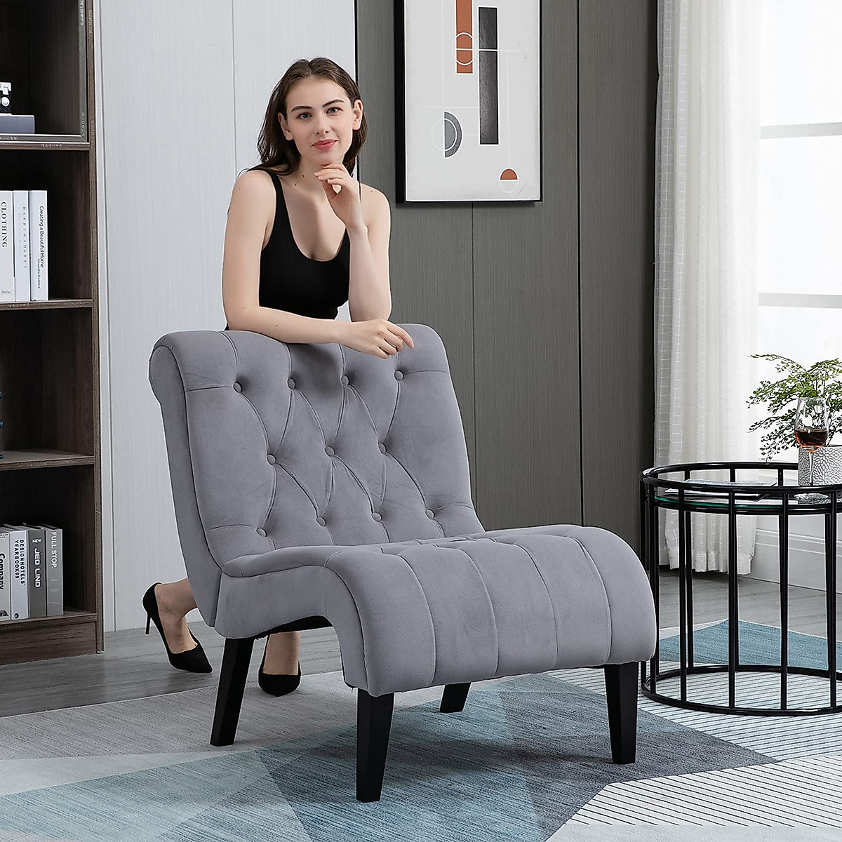 AVAWING Armless Accent Chair Set of 2, Upholstered Button Tufted Living Room Chairs with Wood Legs, Comfy Frosted Velvet Lounge Chair Reading Chair for Bedroom, Grey