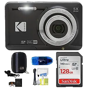 Kodak Pixpro FZ55 Digital Camera (Black) Bundle, Includes: SanDisk 128GB Memory Card, Hard Shell Camera Case, SD Card Reader and More (6 Items)