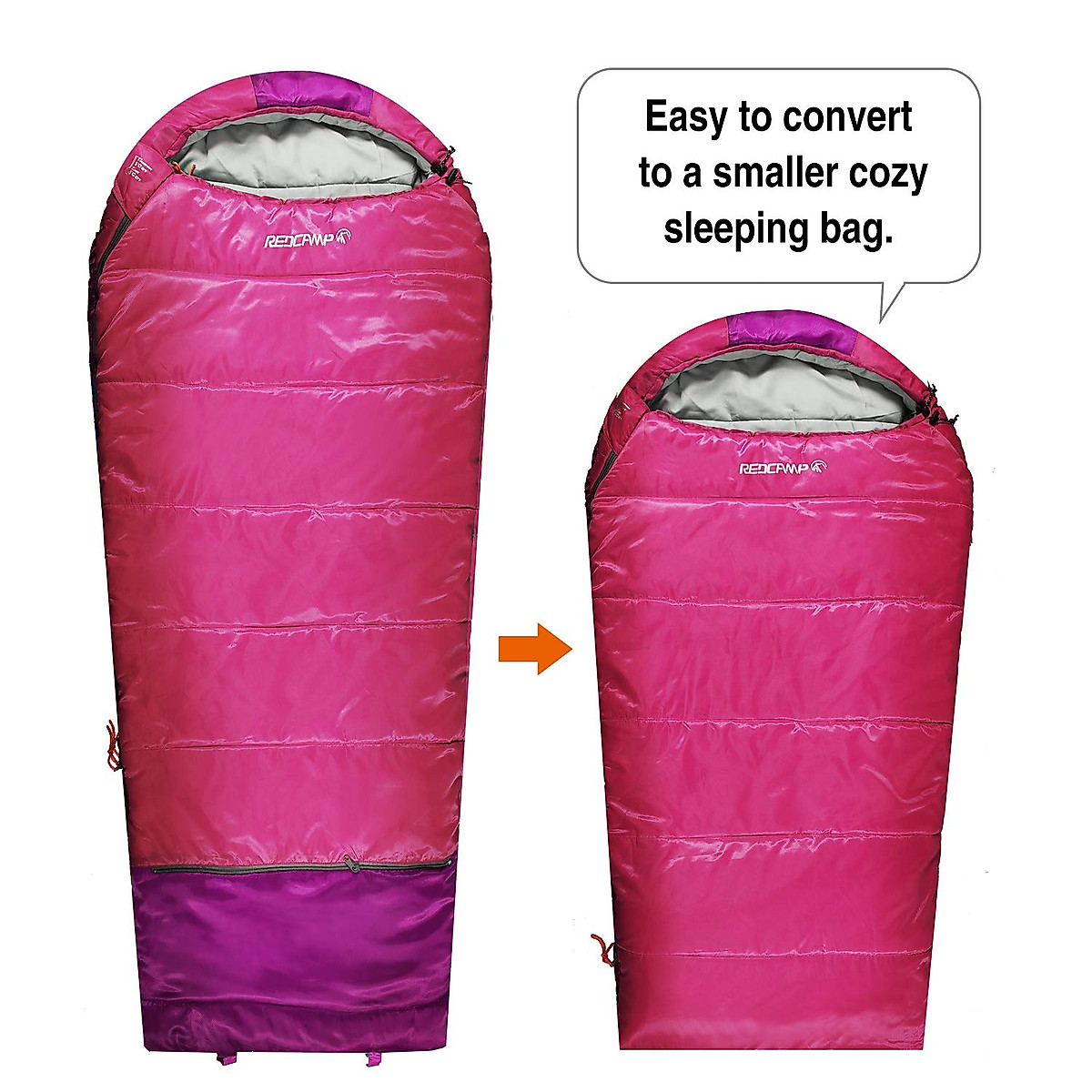 REDCAMP Kids Mummy Sleeping Bag for Camping Zipped Small, 40 Degree 3 Season Cold Weather Fit Boys,Girls & Teens (Pink with 2.4lbs Filling)