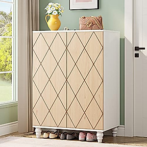 LITTLE TREE 6-Tier 2-Door Shoe Cabinet with Solid Wood Legs, Wooden Shoes Storage Cabinets for Entryway