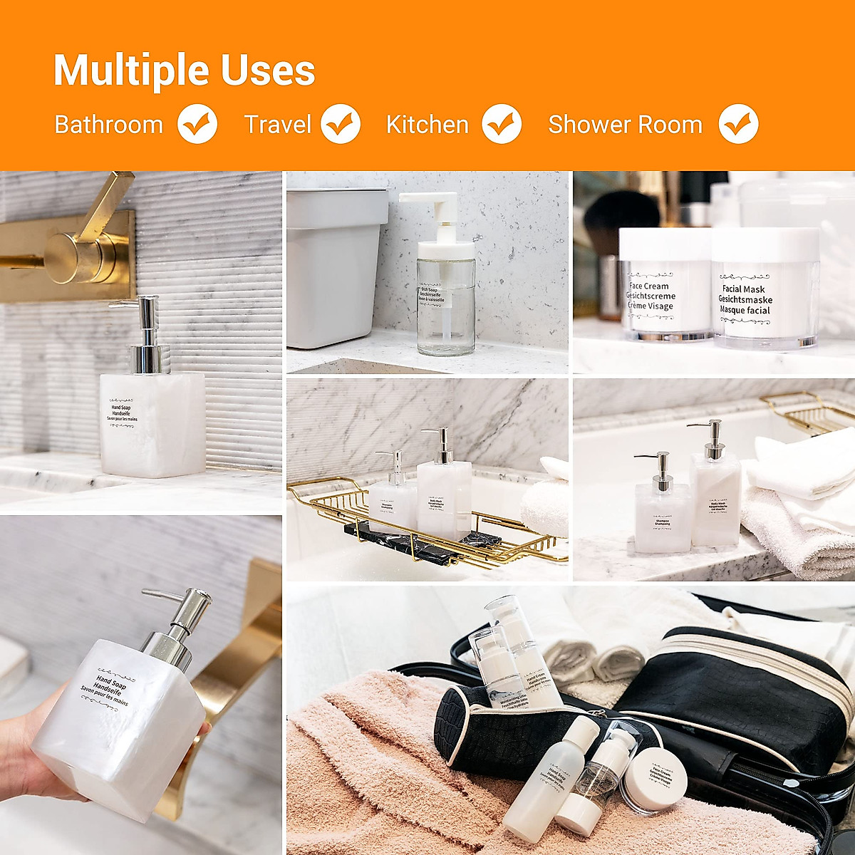 108 PCS Bathroom Labels Clear Preprinted Waterproof Travel Bottles Label Stickers for Organization and Storage Bathroom Dispenser Jars Bins Plastic Travel Bottles Containers