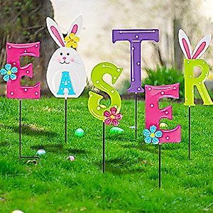 Lulu Home Easter Yard Sign, 6 Pieces Metal Easter Bunny Garden Stakes, Adorable Colorful Easter Spelling Letters Stakes for Courtyard Spring Lawn Holiday Outdoor Decorations