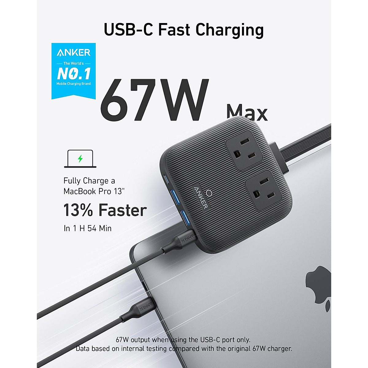 Anker Nano Charging Station(67W Max), 6-in-1 USB C Power Strip for iPhone 15/14 and MacBook, with Flat Plug and 5ft Thin Undetachable Extension Cord,2 AC,2 USB A,2 USB C, for Home&Office(Black Stone)