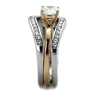 Nationalonlinediscounts Stainless Steel Rose Gold IP 2 Piece Horseshoe Wedding Engagement Ring Set with Round CZ Zirconia Size 5,6,7,8,9 & 10 (7)