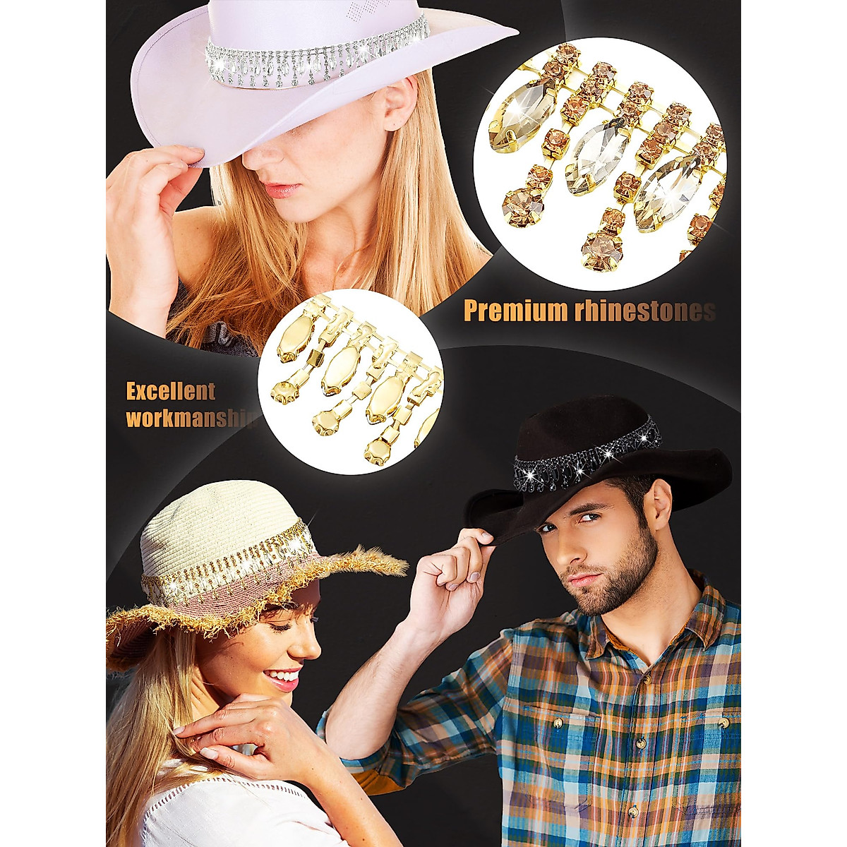Cutecrop 3 Pcs Rhinestone Fringe Cowboy Hat Band for Men Women Adjustable Hat Belt Bling Western Style Hat Accessories