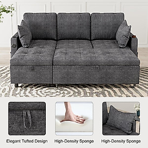 TTGIEET Pull Out Couch with Reversible Storage Chaise, L Shape Sleeper Sofa with 2 USB Port & Cup Holders, 2 in 1 Convertible Sofa Bed with 2 Pillows for Living Room (Dark Grey, Chenille)