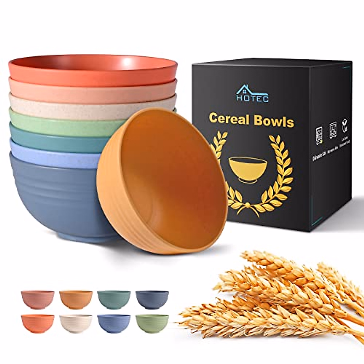 HOTEC Unbreakable Wheat Straw Cereal Bowls - Microwave & Dishwasher Safe Soup and Salad Bowls, Set of 8, 26oz, BPA Free, Multicolor
