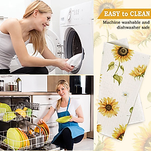 Whaline Sunflower Swedish Kitchen Dishcloth Watercolor Spring Summer Flower Cotton Kitchen Towel Floral Absorbent Dishcloth for Party Home Housewarming Cleaning Counter Wipes, 7 x 8 Inch, 4Pcs