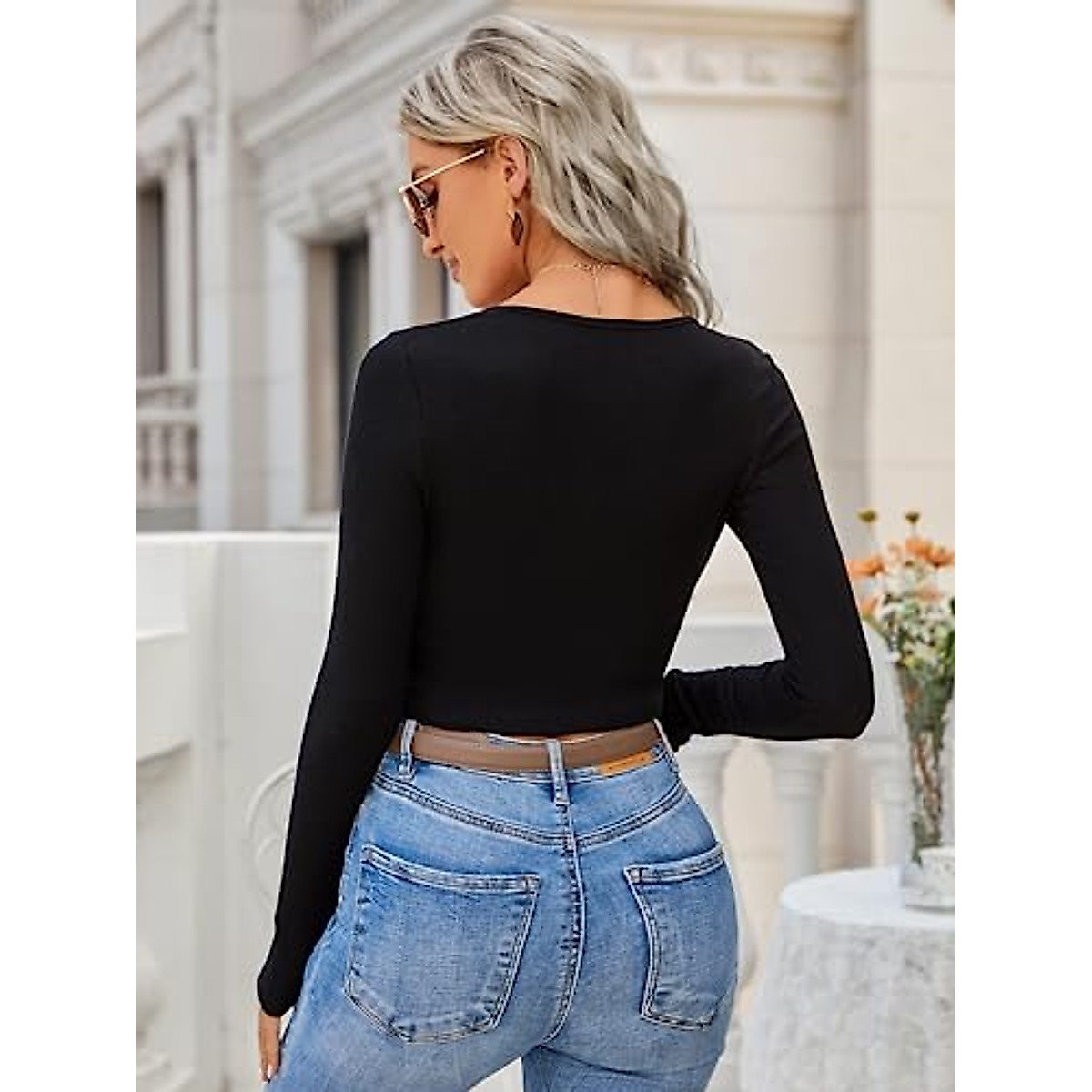 SOLY HUX Womens Long Sleeve Crop Tops T Shirts Ribbed Knit Lace Ruched Sweetheart Neck Casual Basic Fitted Tees Solid Black A S