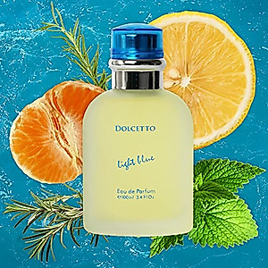 Dolcetto Light Blue for Men - 3.4 Fl. Oz. 100ml Men's Perfume with NovoGlow Carrying Pouch - Refreshing Combination of Woody Floral & Aquatic Fragrance - Scent Lasts All Day A Gift for Any Occasion
